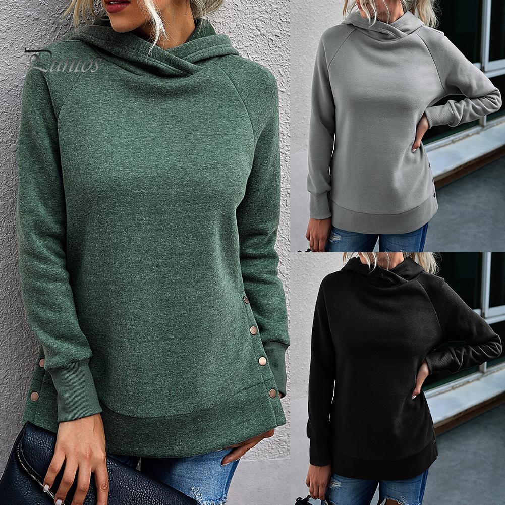 Buy Women Solid Color Long Sleeve Stylish Hoodie Split Buttons Hem ...