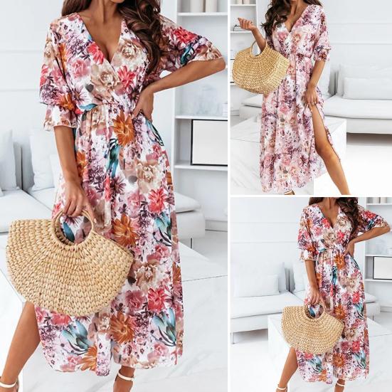 Buy Women Lady Girls Dress Floral Print Large Hem Summer Split Long ...