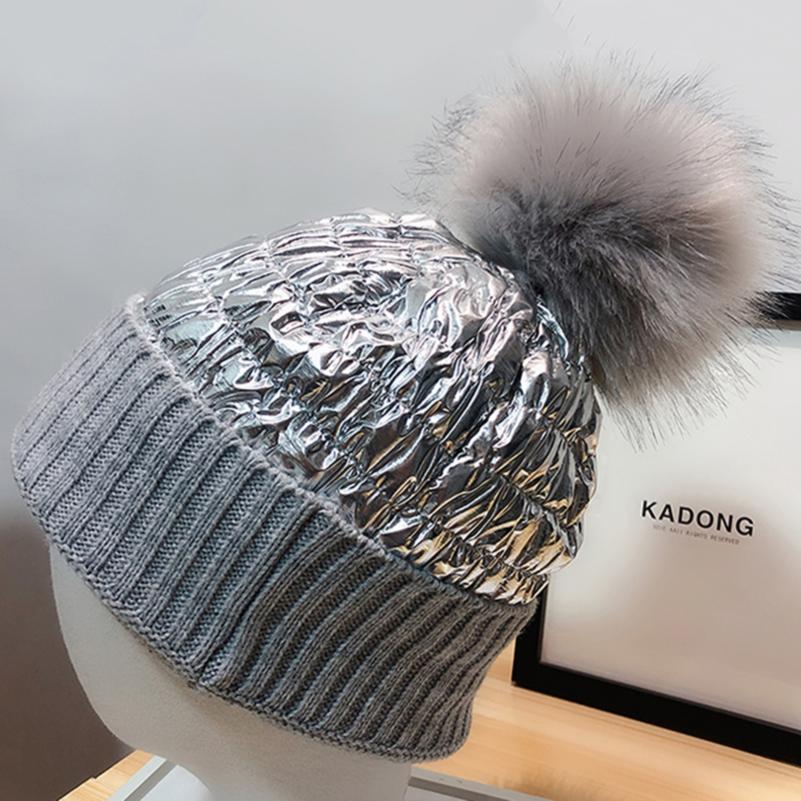 Buy Ladies Knitted Hat Women's Bobble Hat Thick Rolled Warm Shiny ...
