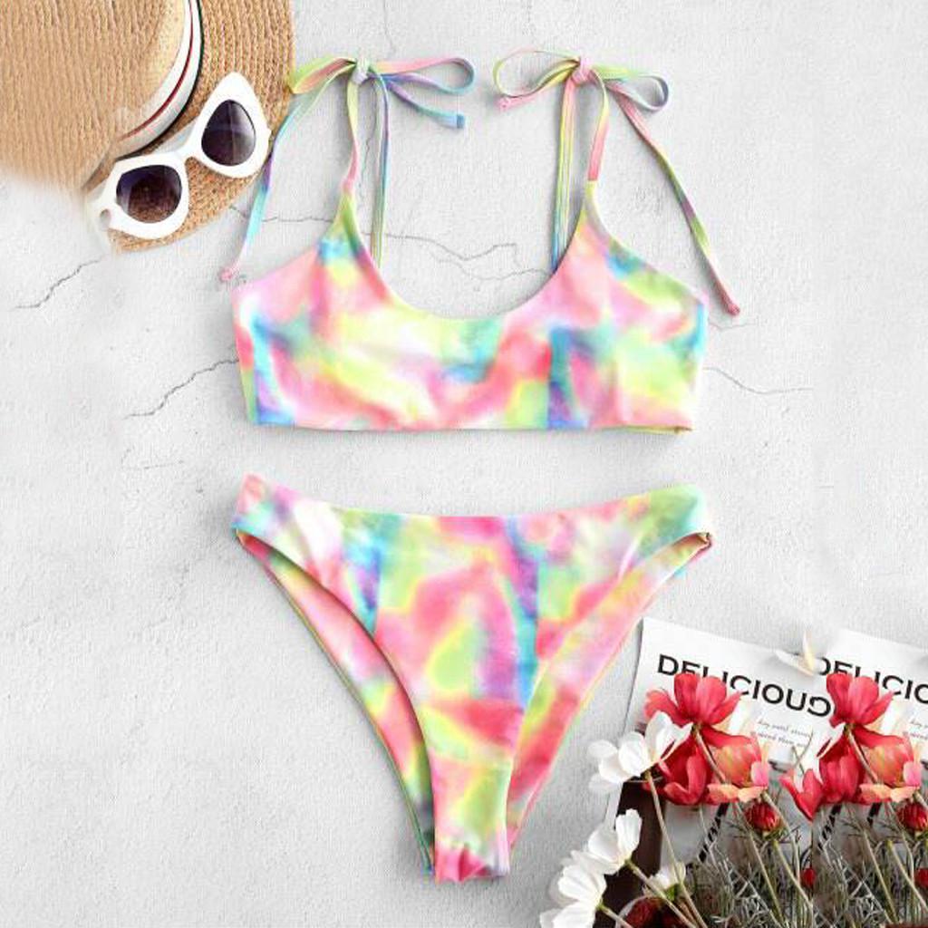 Buy Womens Sexy Tie Dye Lace Up High Cut Leg Halter Bikini Set Two
