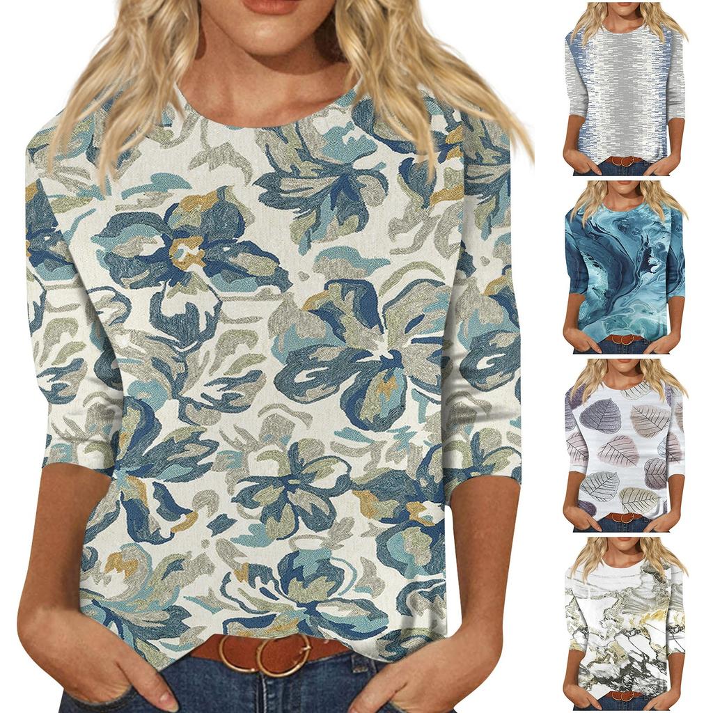 Cheap Women's Fashion Casual Seven-point Sleeve Printed Round Neck Top ...