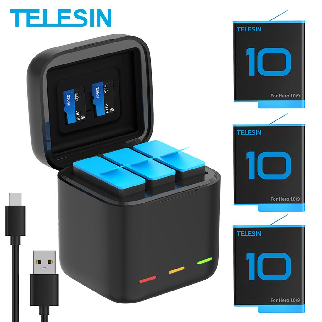 Buy TELESIN 3x For GoPro 9 10 Battery 1750 mAh 3 Slots LED Light ...