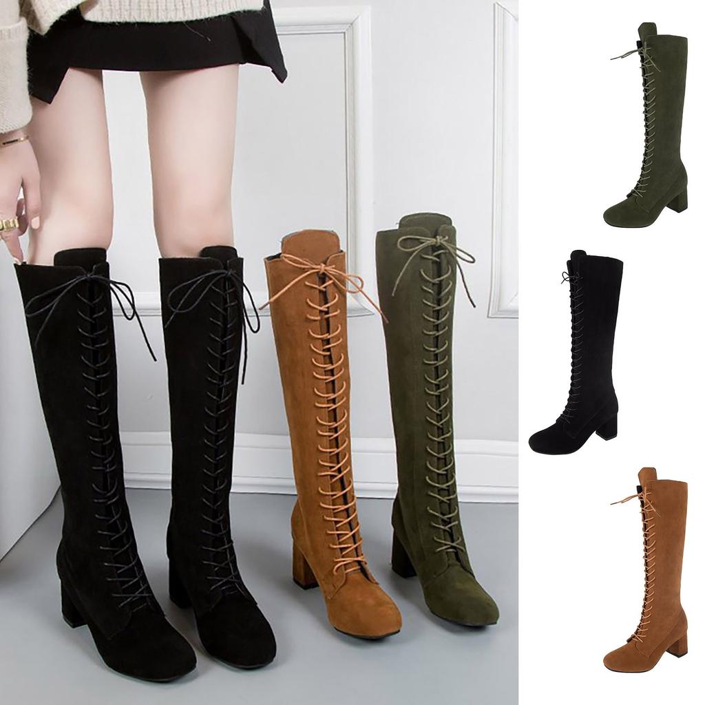 Buy Flat-heel Lace-up Side Zip Flat-bottom Tall Boots Leather Women's ...