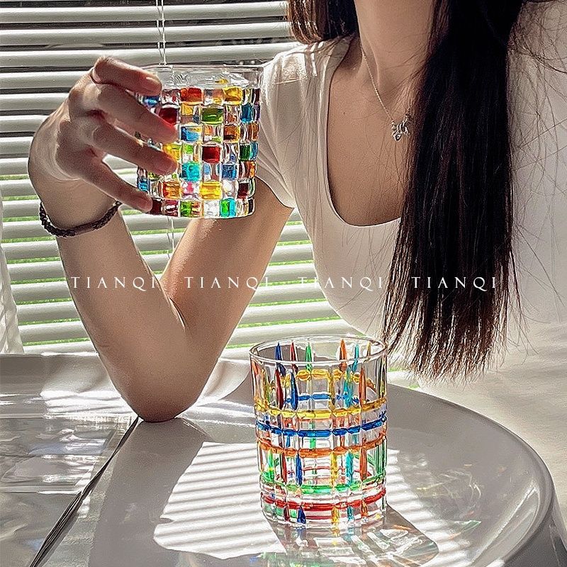 Buy Hand-painted Colored Glass Cup Woven Square Sword Pattern Crystal ...