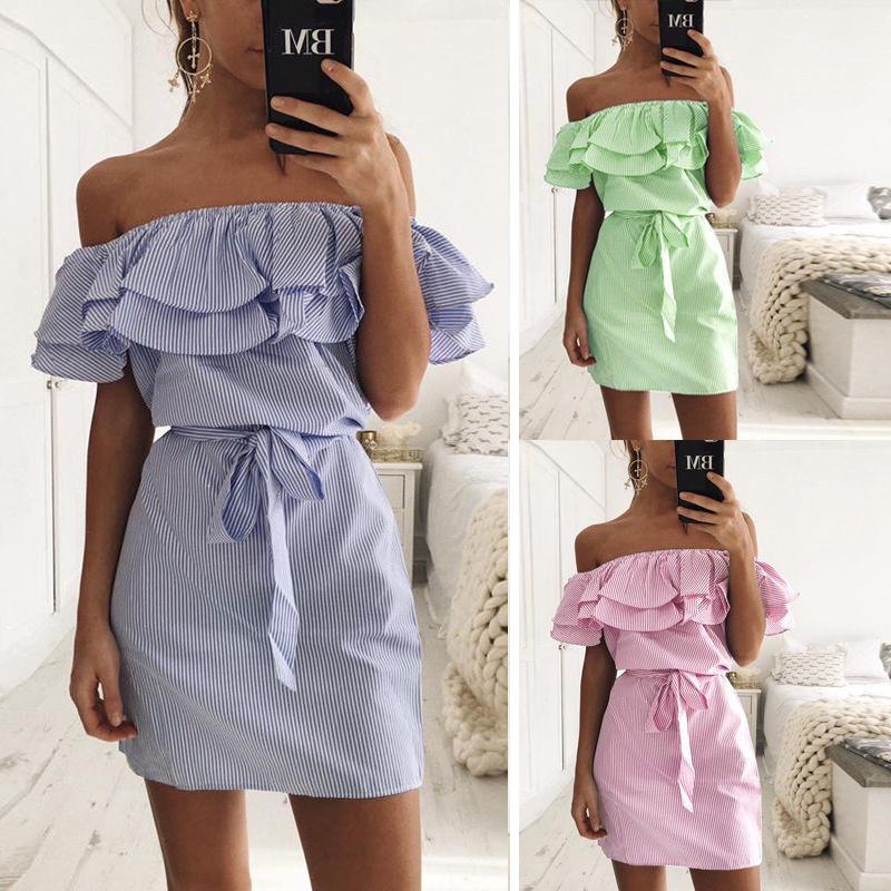 Cheap Women's Sexy Off Shoulder Striped Short Sleeve Slim Dress Wrapped ...