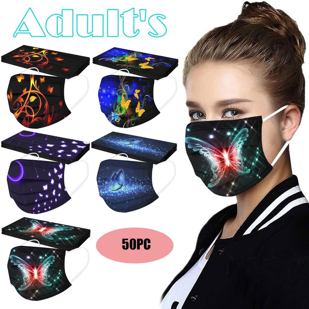 Buy 50PC Adult'S Butterfly Printed Mask Disposable Protective Face ...