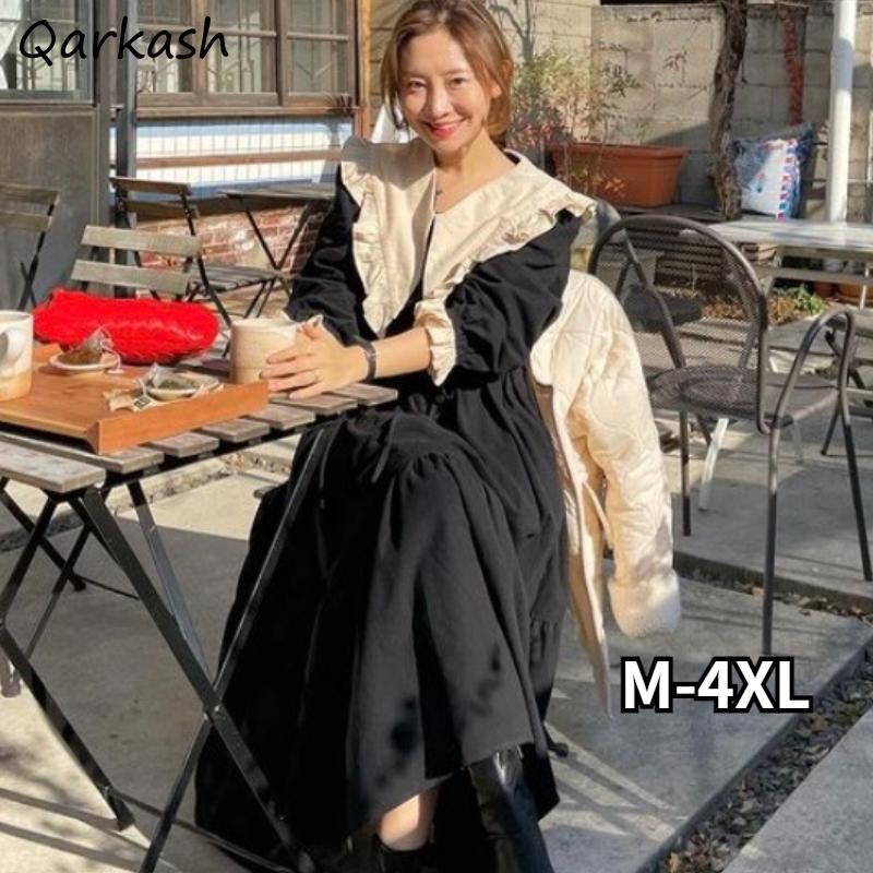 Satın alın Elbiseler Kadın Patchwork Peter Pan Yaka All-match Midi Uzun Kollu M-4XL Fransız ...