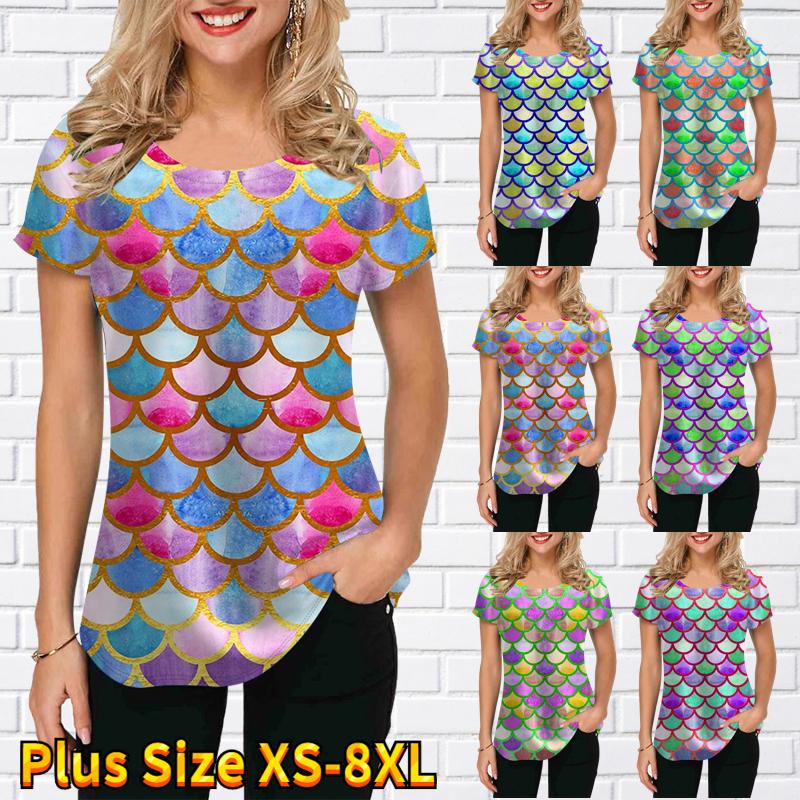 Buy Women Summer T Shirt Colorful Fish Scales Print Short Sleeve Tees ...