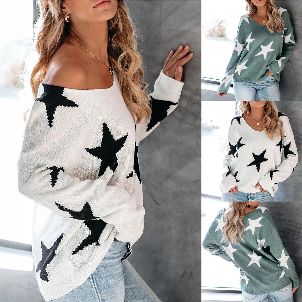 Buy [WG] Women Sweater Little Stars Printed Ripped Pullover Sweaters ...