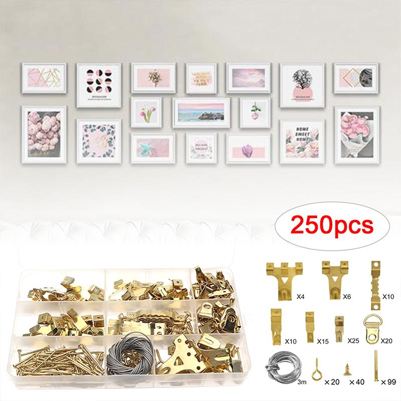 250Pcs Picture Hanging Kit Gold Picture Frame Hanger Tool Hanging Wire ...