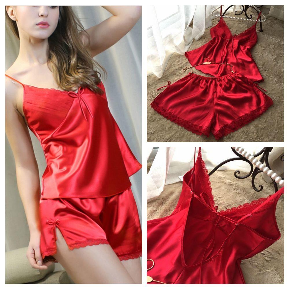 Rayon Satin Sexy V-neck Pajamas Silk Sleepwear Sets Sleeveless Lace ...