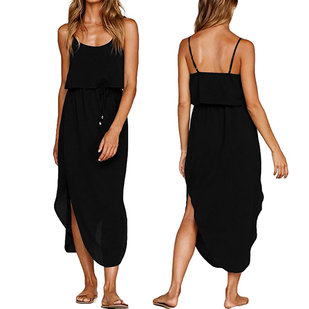 Womens Midi Dress Adjustable Strappy Split Tie Up Solid Summer Beach ...