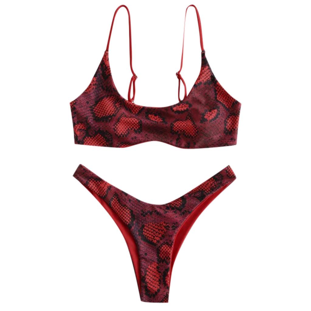 Buy Women Snake Skin High Cut V Neck Two Pieces Bikini Swimwear ...