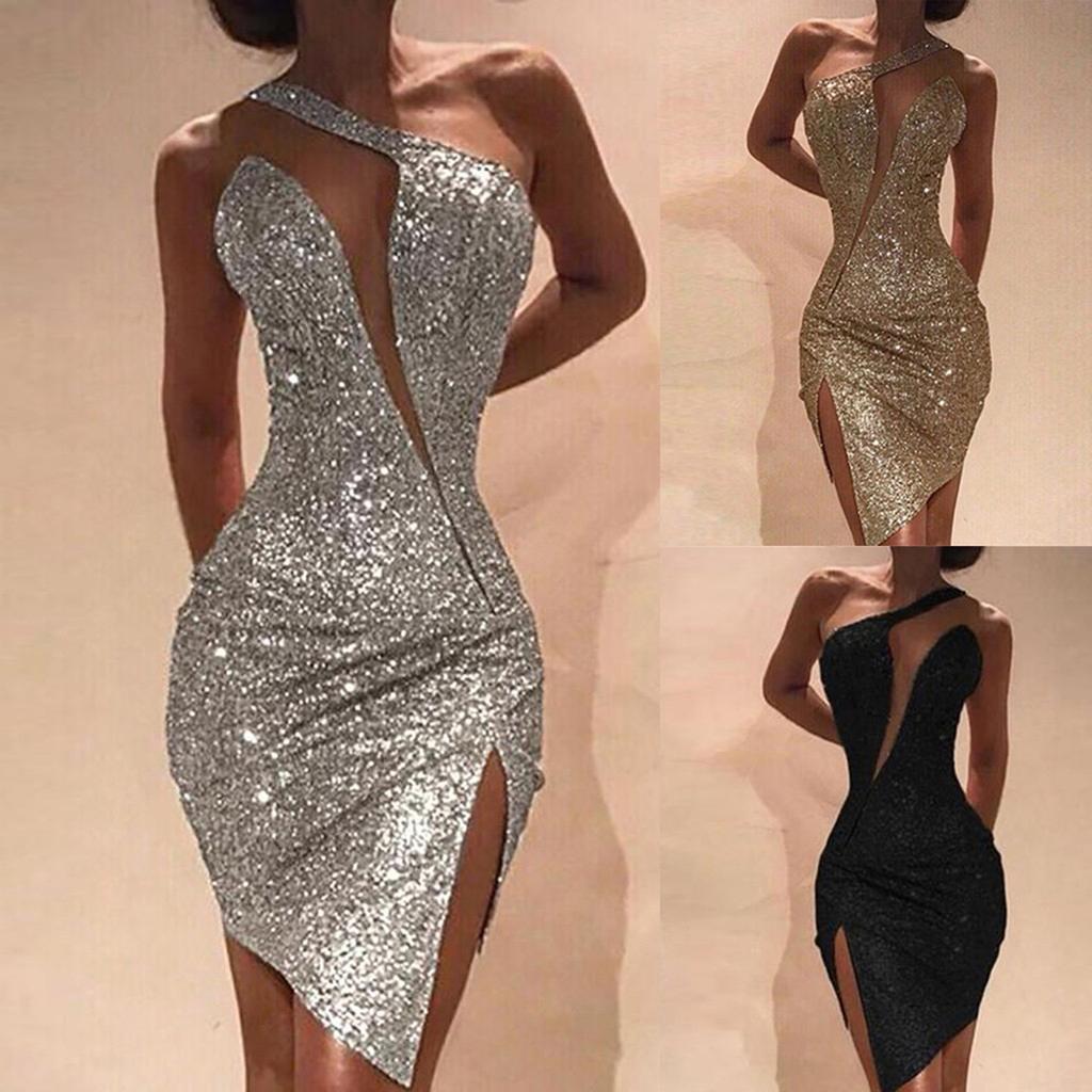 Buy Women's Sexy Clod Shoulder Sequins Split Sleeveless Nightclub Party ...