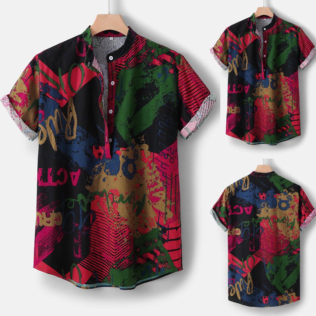 Buy Mens Multi Color Lump Chest Pocket Short Sleeve Round Hem Loose ...