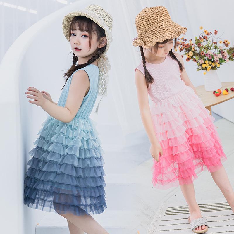 Girl Vest Dress Summer Dress Girl Gradient Color Cake Dress Poning Yarn ...