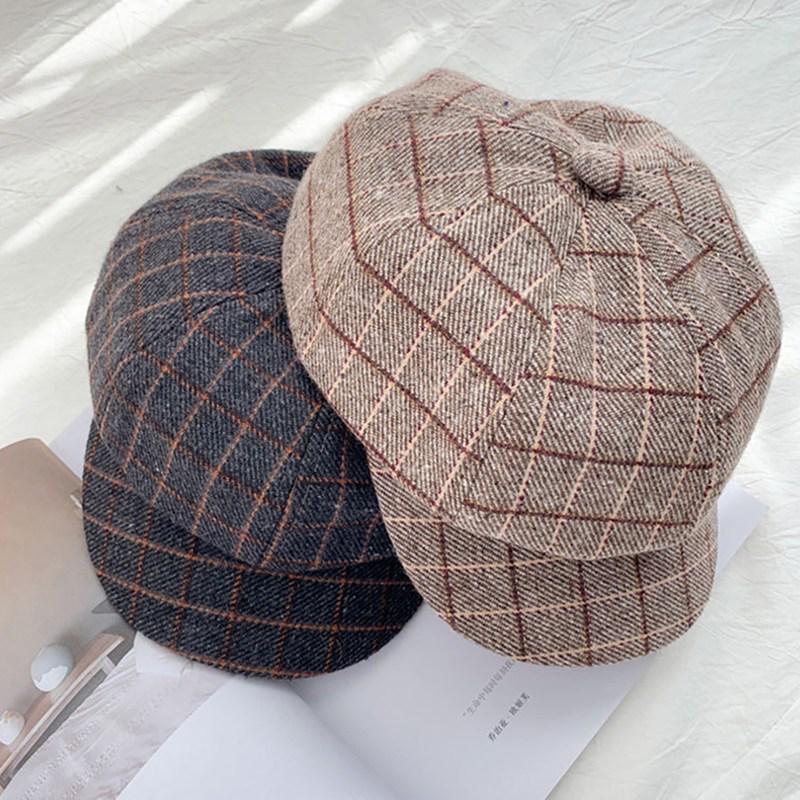 Women Girls Fashion Casual All-match Retro Classic Plaid Octagon Hat ...
