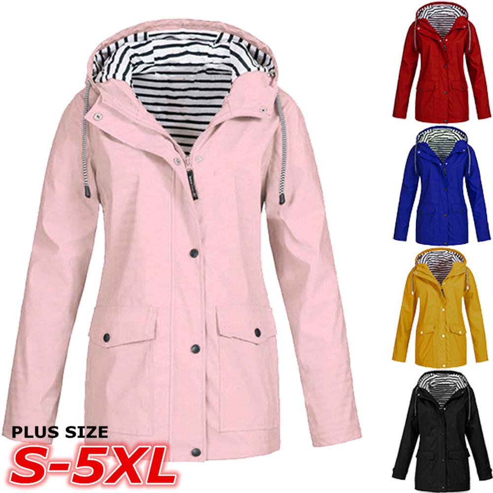 Plus Size Women Solid Rain Jacket Outdoor Plus Waterproof Hooded ...