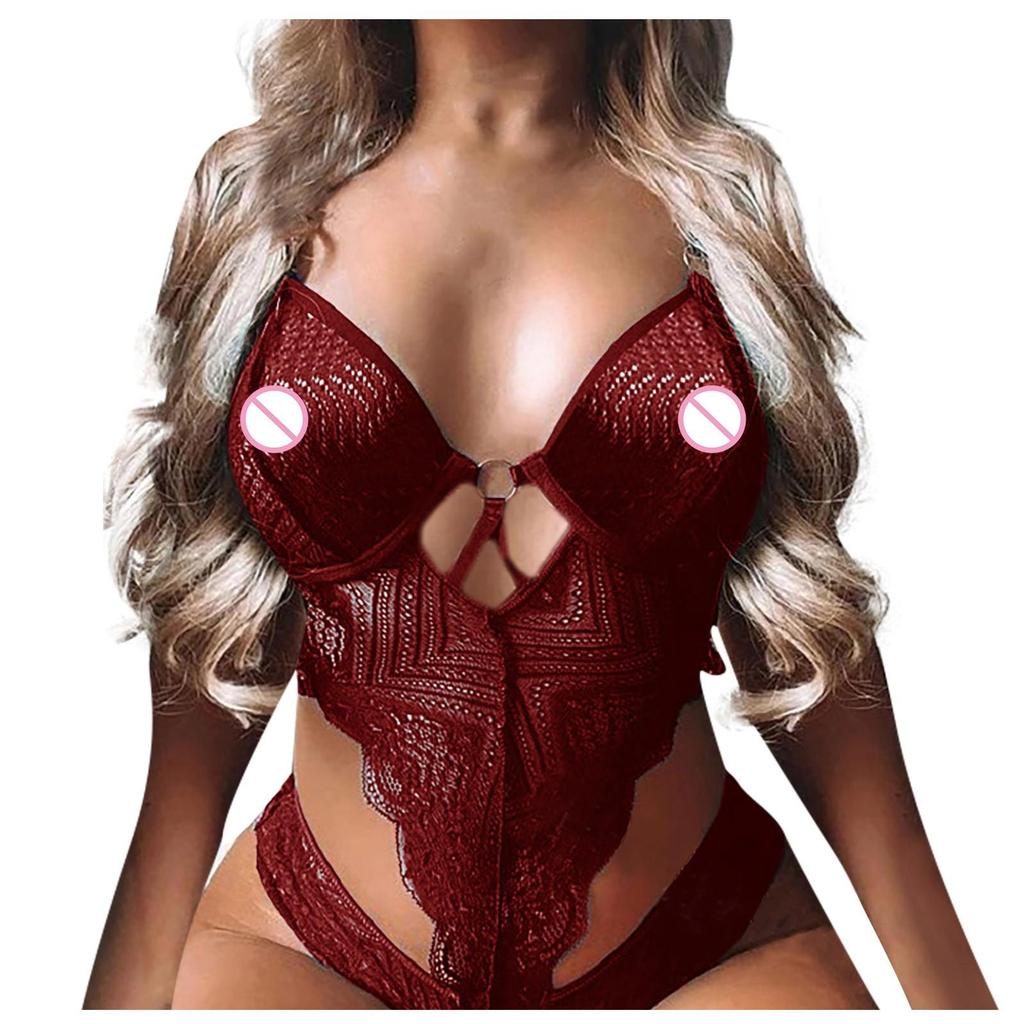 Buy Ladies Sexy Solid Color Lace Mesh Hollow Ring Strap One Piece Sexy