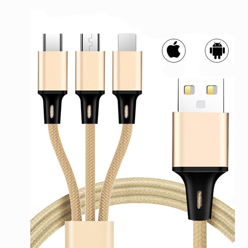 One-for-three data cable nylon braided wire charging cable for mobile ...