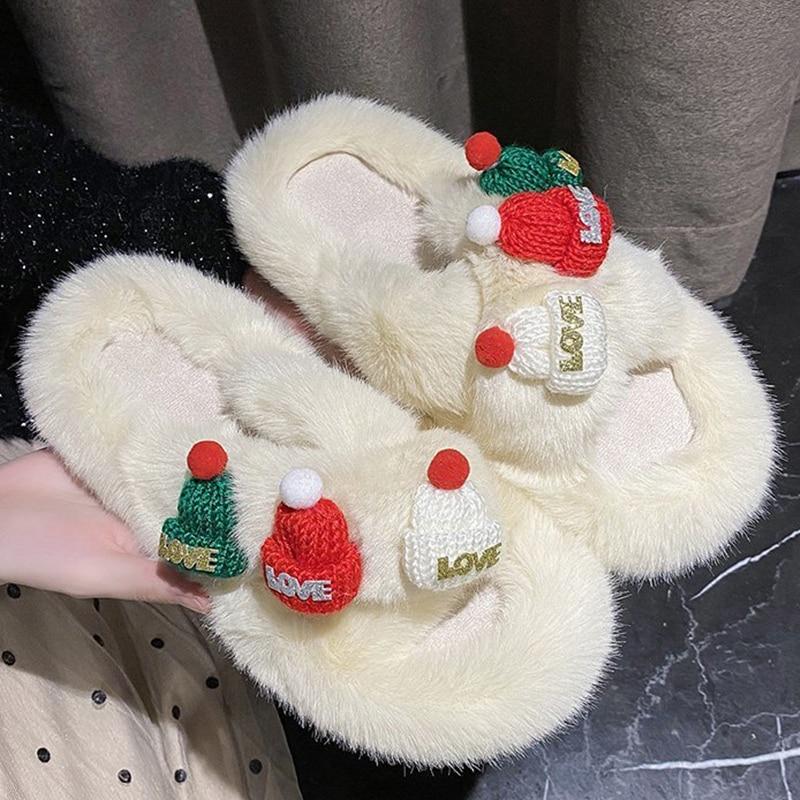 💰Kjøp Cute Women Cross Design Fur Slippers Plush Soft Luxurious Indoor ...