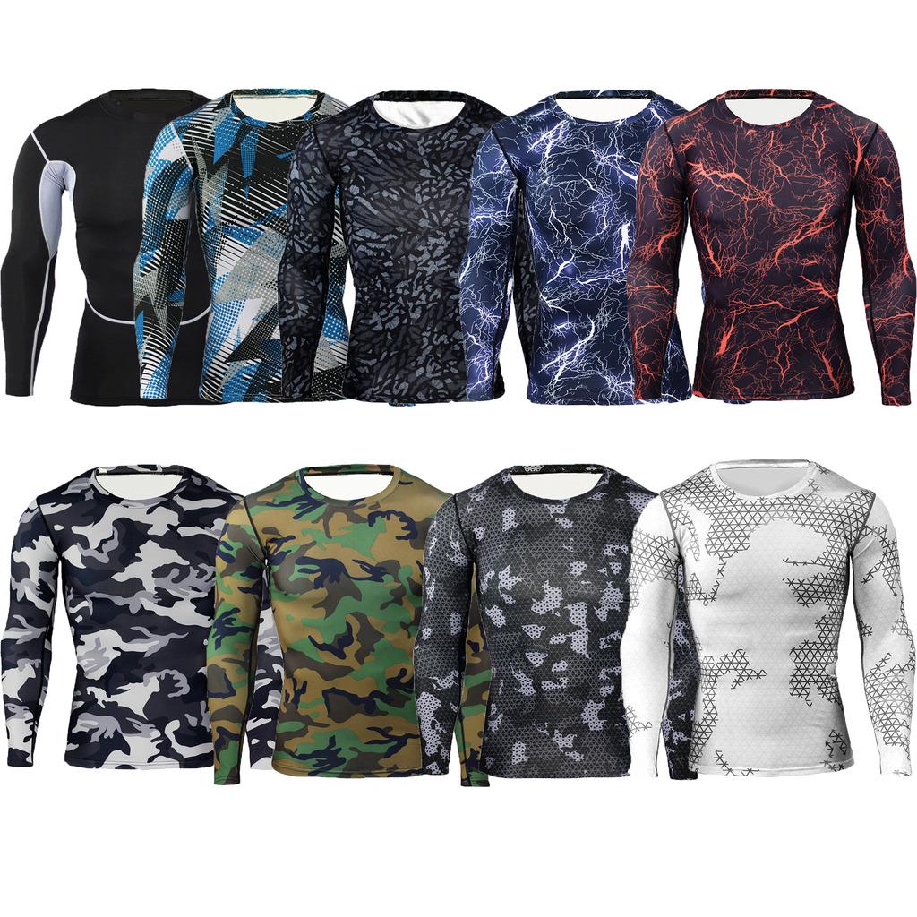 Mens Long Sleeve Compression Baselayer Sports Gym Tight Tops Jogging ...