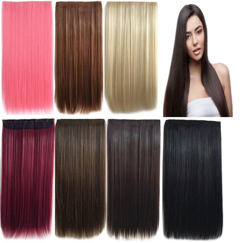 Women Long Straight Hairpieces Clip In 60cm Hair Extensions Synthetic ...