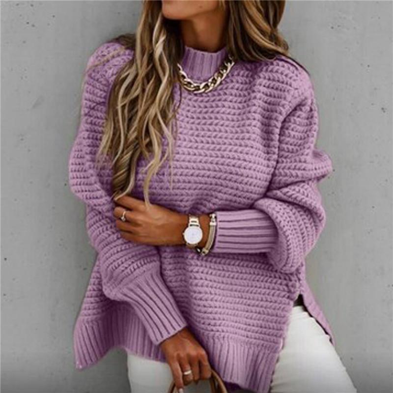 Buy Women Knitted Sweater Solid Color Half High Neck Long Sleeve
