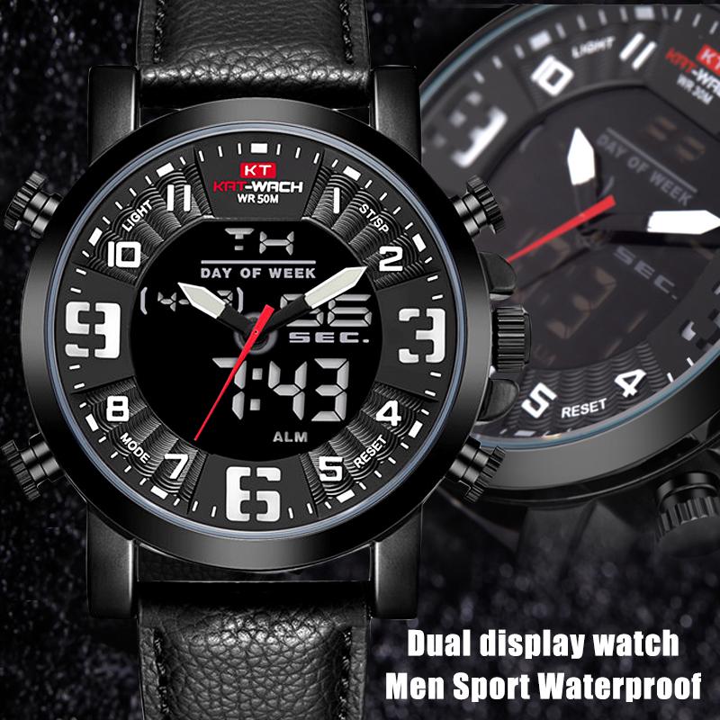 Buy Mens Dual Watches Leather Sports Quartz LED Digital Clock ...
