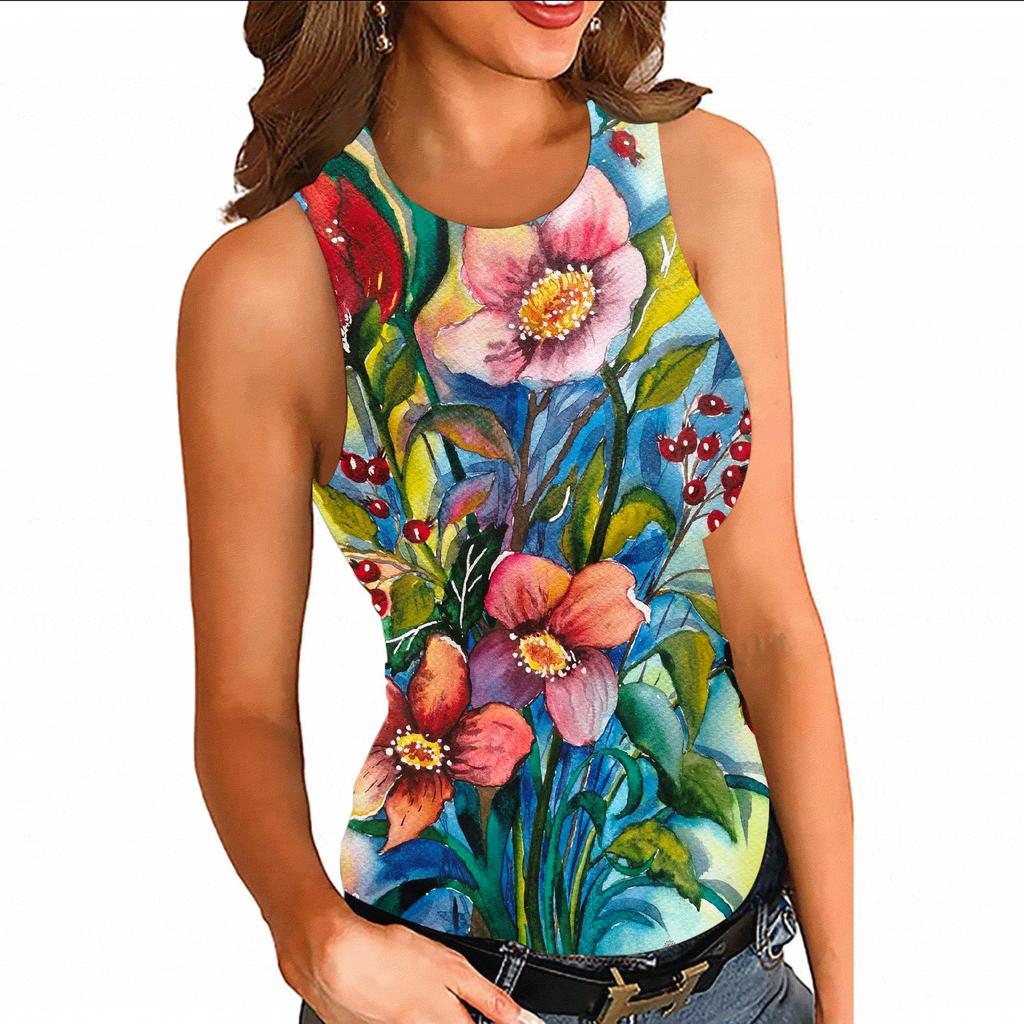 Womens Summer Sleeveless Crewneck Top New Fashion Print Casual