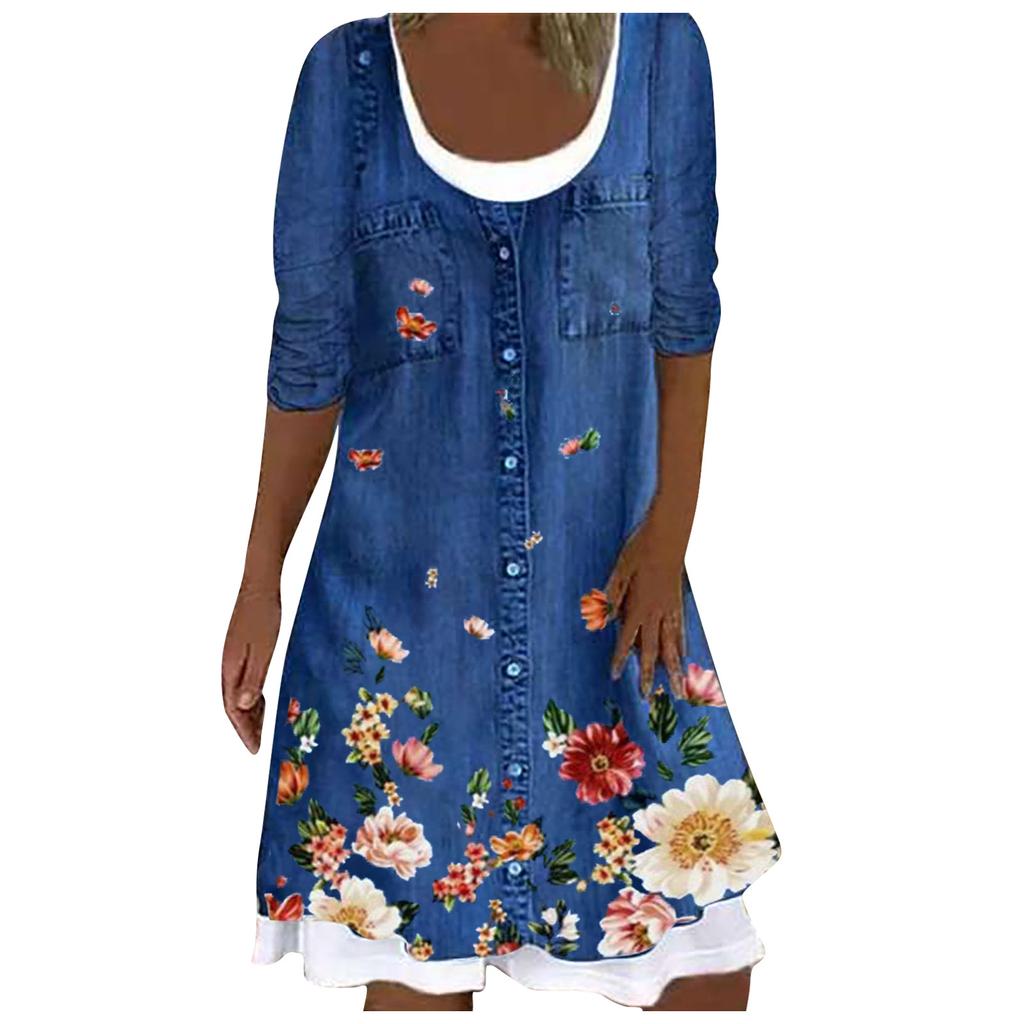 Buy Fashion Women's Digital Printing Imitation Denim Round Neck Long ...