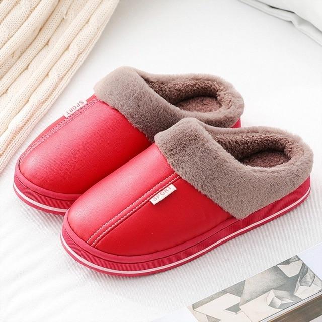 Buy Pu Waterproof Slippers Women Men Winter Plush Keep Warm Flat Home ...