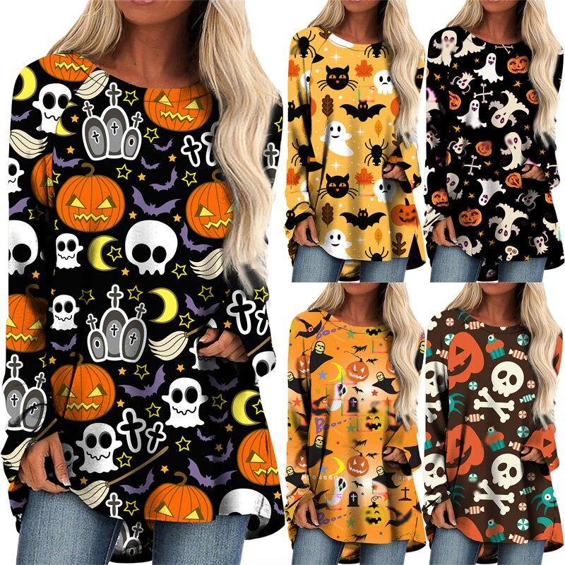 Cheap Women Pumpkin Ghost Printed T Shirt Halloween Theme V-Neck/O-Neck ...