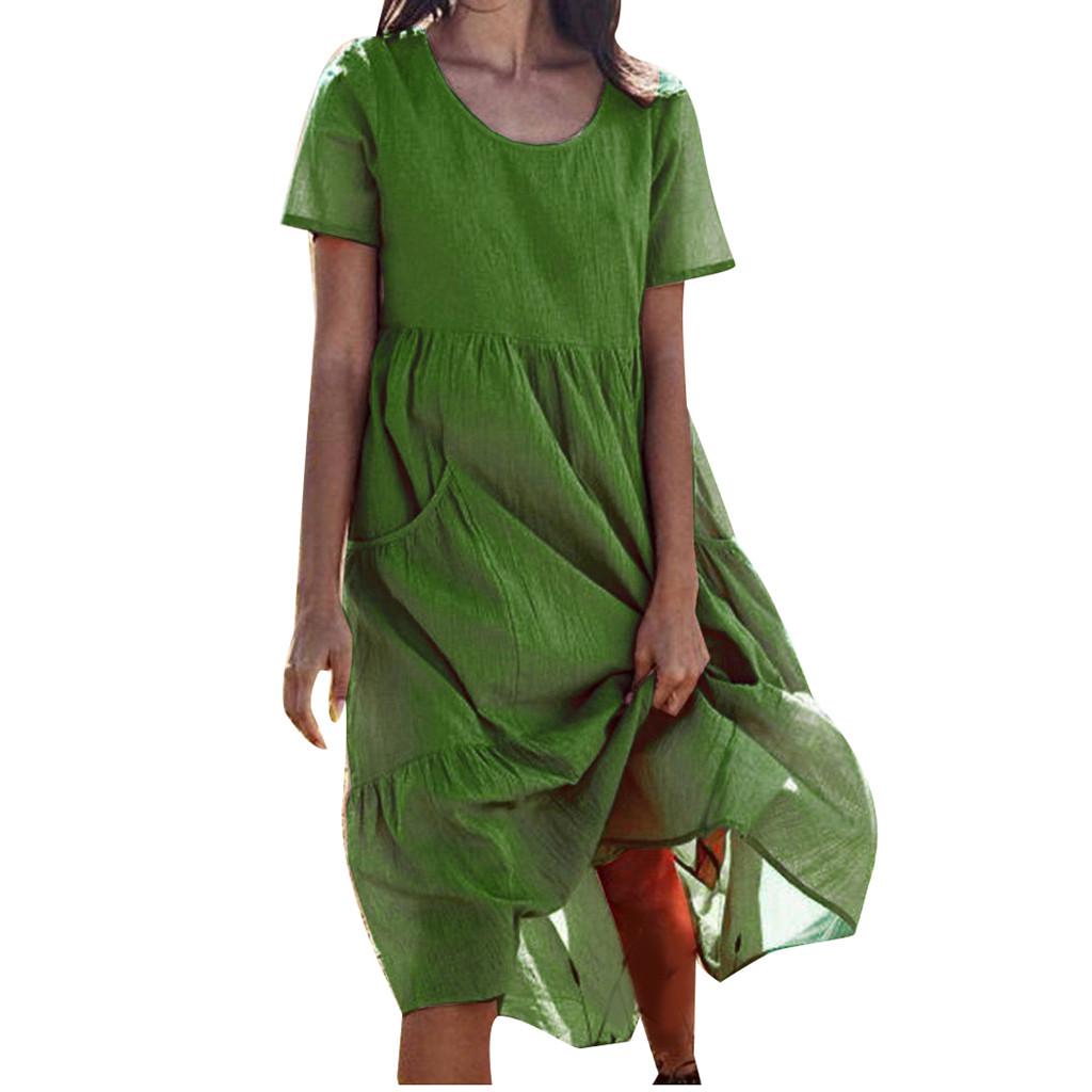 Buy Women Pure Color Pockets Short Sleeve Cotton And Linen Easy Sandy ...