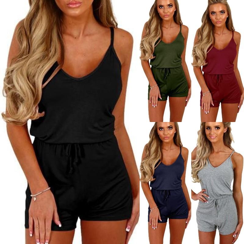 Buy Spaghetti Strap Jumpsuits Rompers Summer Casual Drawstring Waist ...