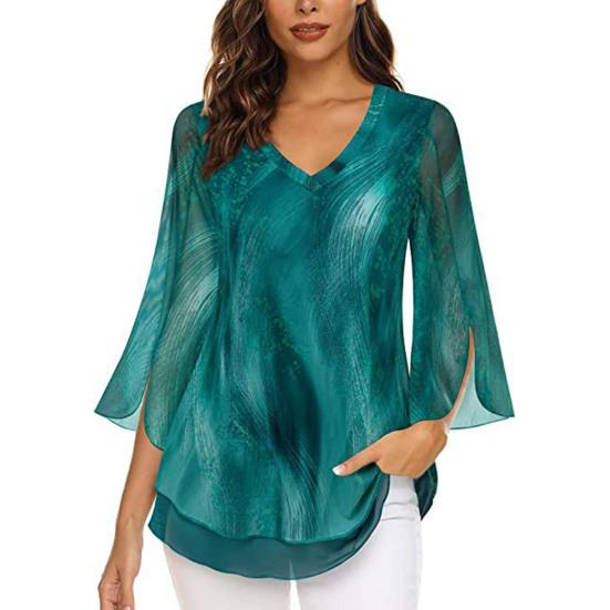 Cheap Women Elegant Floral Print Chiffon Tops V-Neck Batwing Slit 3/4 ...