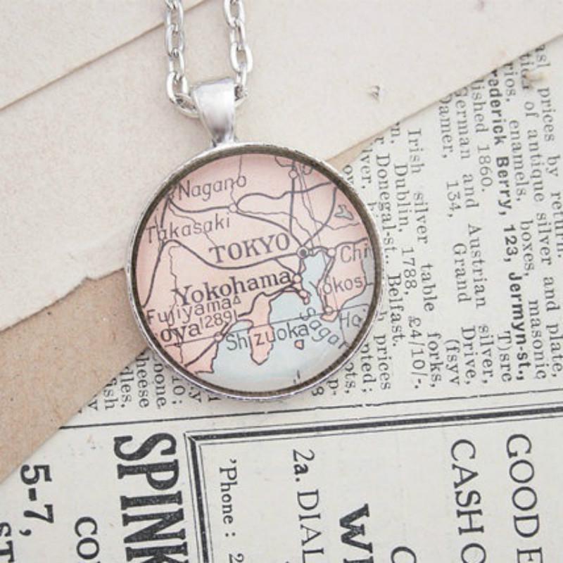 Vintage Map Necklace - Custom Map Jewelry - Round Pendant Necklace ...