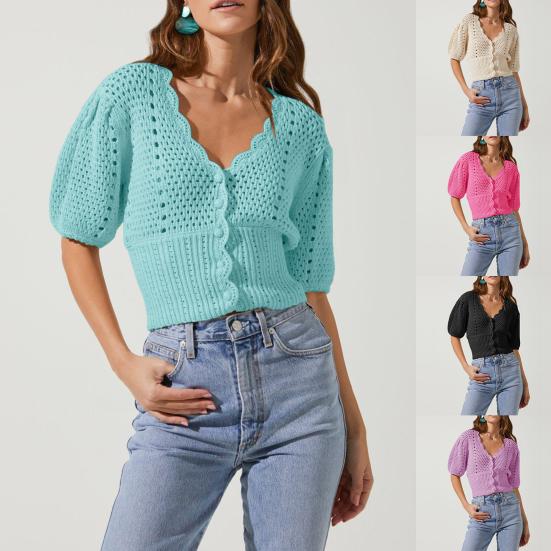 Buy Solid Color Top Casual Buttons Hollow Out Puff Sleeve Sweater ...