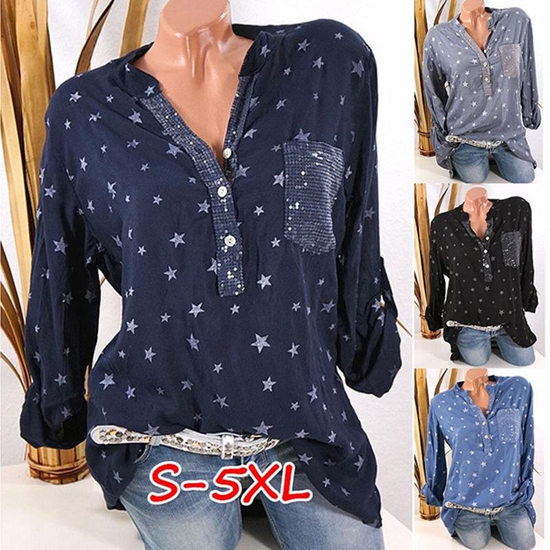Buy Fashion Women Long Sleeve Stars Print Shirt Casual Top Loose Blouse ...