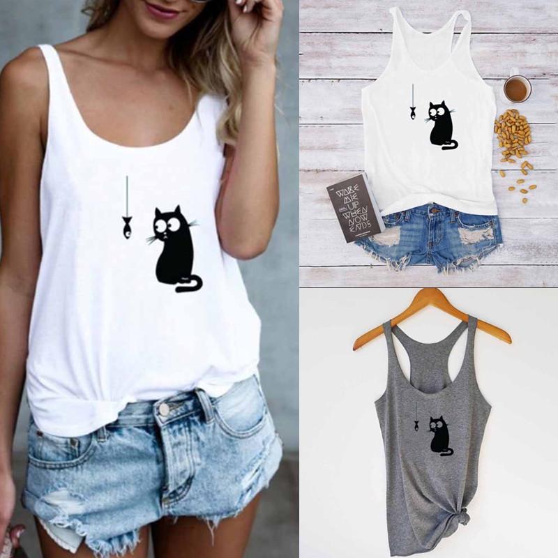 Buy Women Cute Cat Print Casual Tank Tops Blouse Sleeveless O Neck T ...