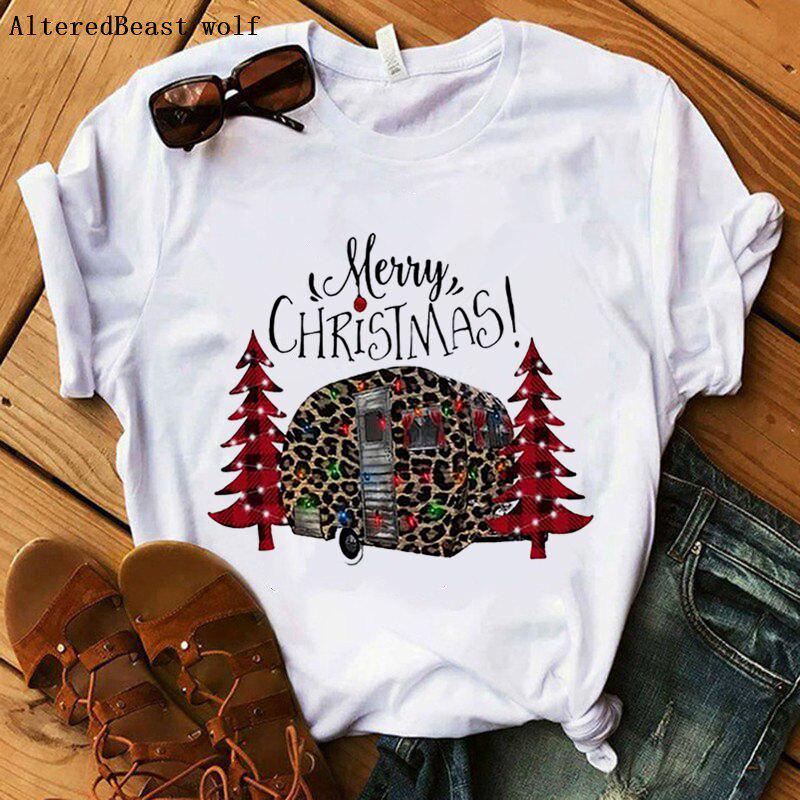 Buy Christmas Tree Leopard Printed Christmas T Shirt Women White Tops ...