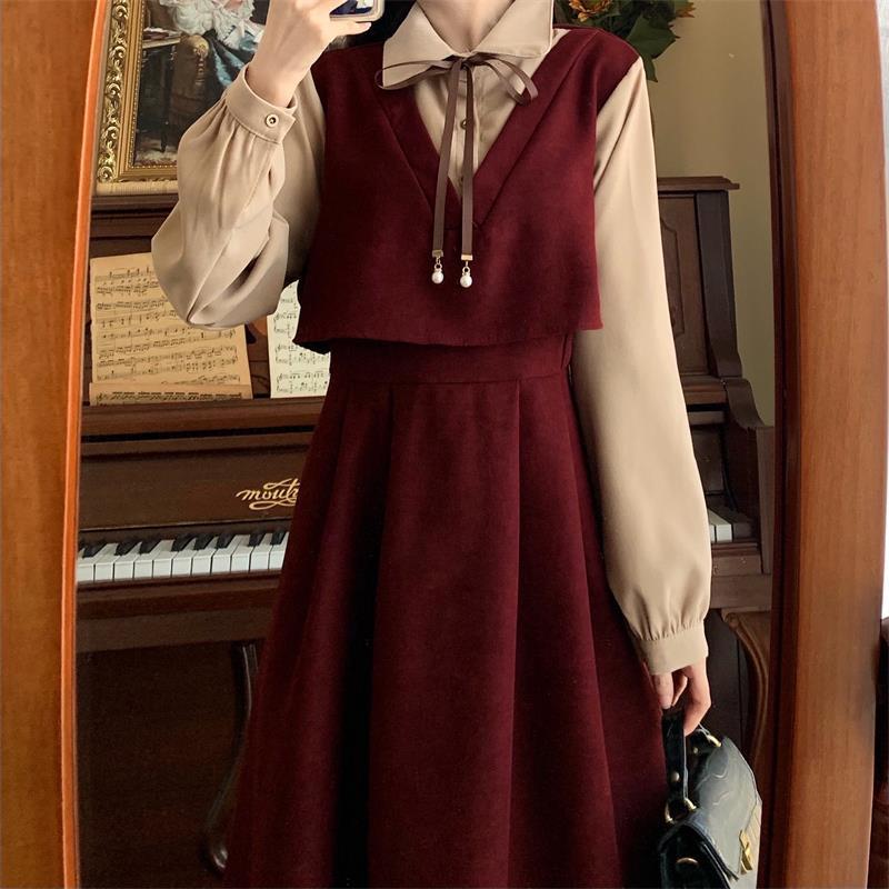 Cheap Retro Stitching Long-sleeved Dress Spring and Autumn College ...