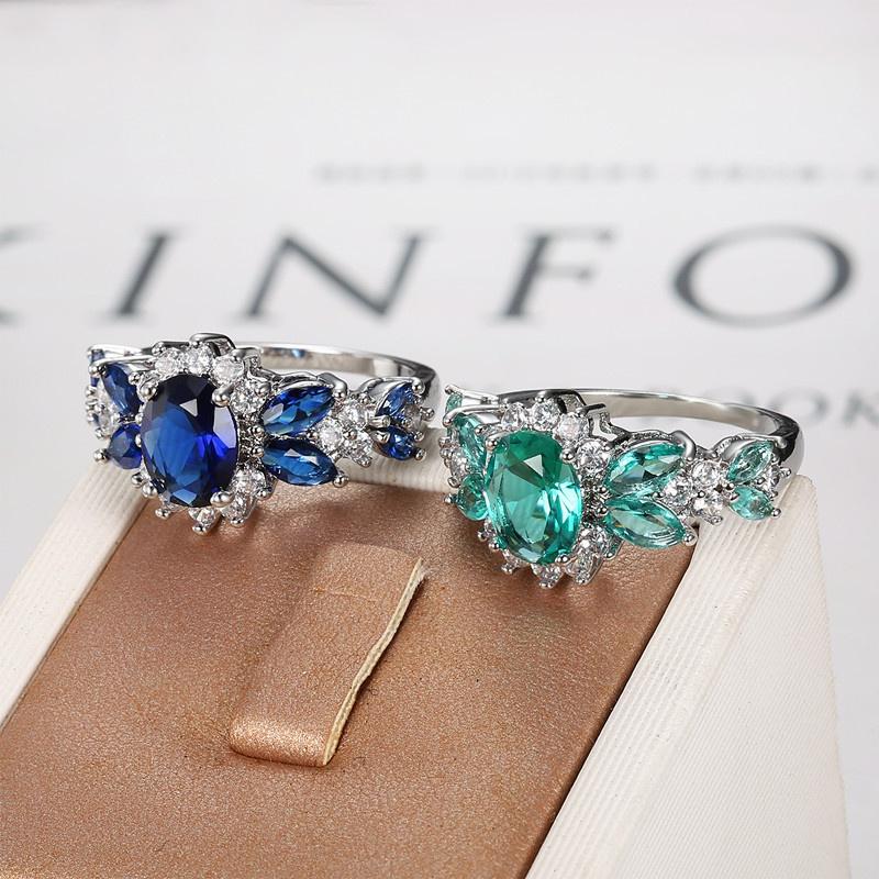 Cheap Luxury Silver Oval Cut Blue Stone Ring Bride Wedding Engagement ...