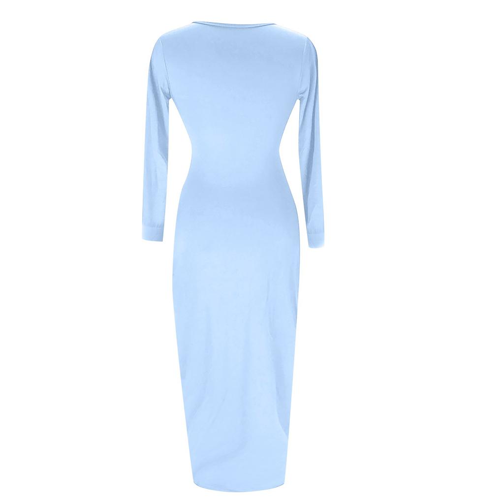 Buy (WAD) Womens Temperament Solid Color V-Neck Pleated Hip Slit Long ...