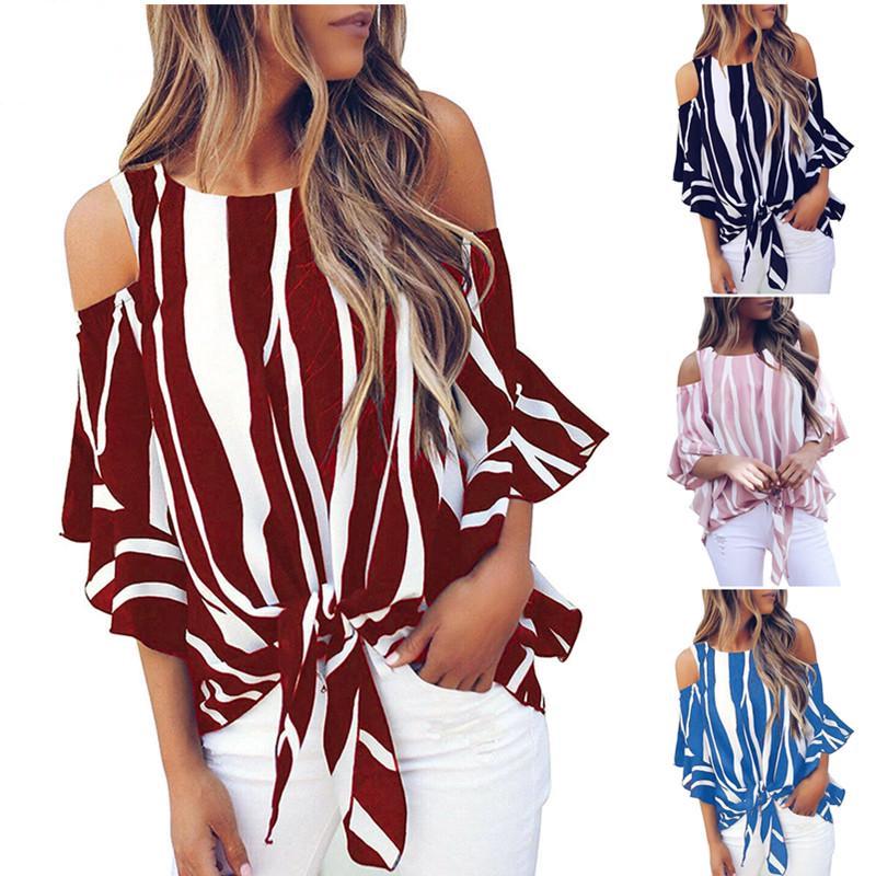 Buy Summer Vertical Striped Off-Shoulder T-Shirt Sexy Round Neck Shirt ...