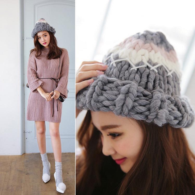 Buy Korean Hand-made Fashion Sharp Knitted Wool Hat Autumn Winter Roll ...