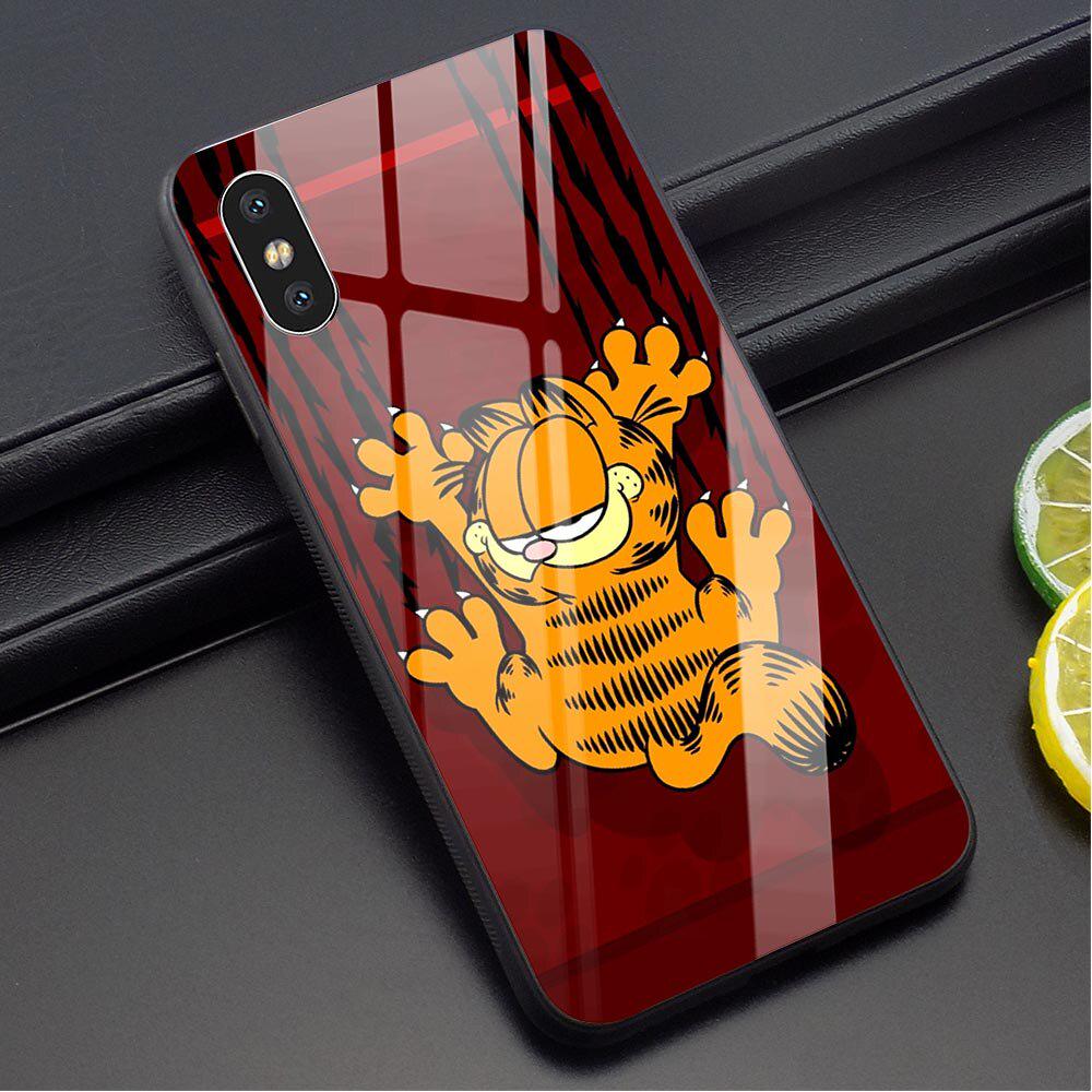 Cute Garfield Glass Phone Case for Redmi Go Xiaomi Huawei P9 Honor ...