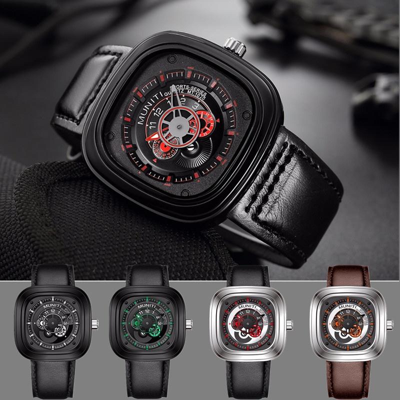 Buy Men Watch Square Rotating Dial Quartz Movement Sport Watch Leather ...
