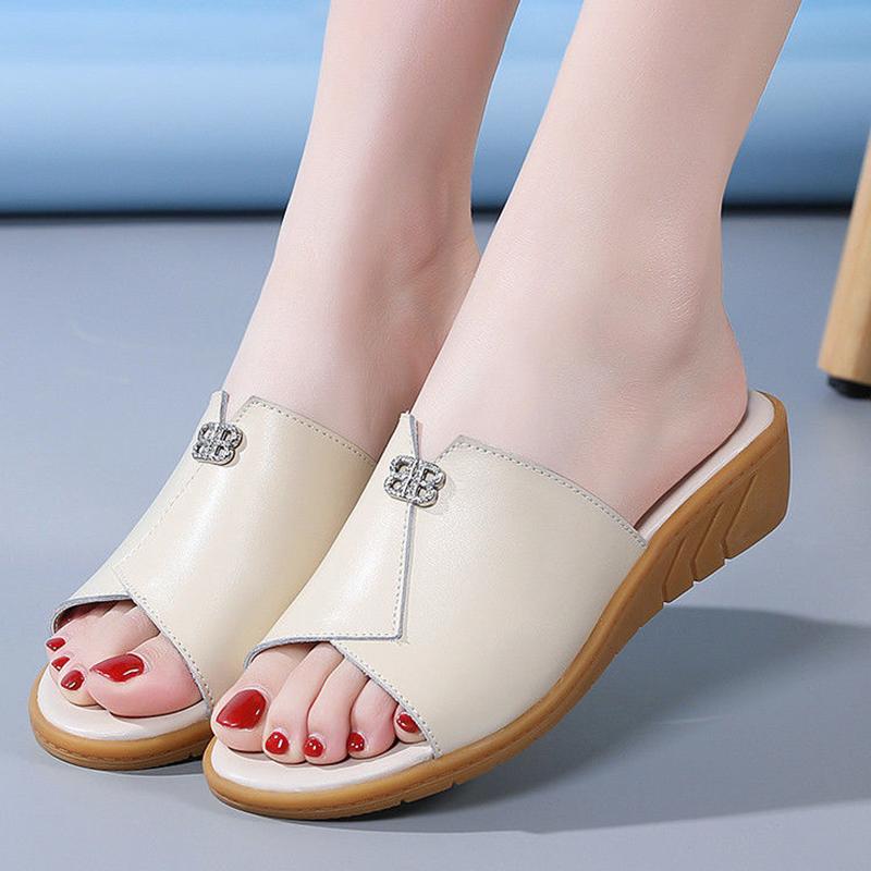 Buy White Wedge Soft Leather Slippers Women's Anti-Slip Rib Sole ...