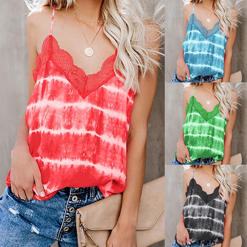 Buy Women Lace Stiching Sling Tank Top Summer Sleeveless Stripe V Neck ...